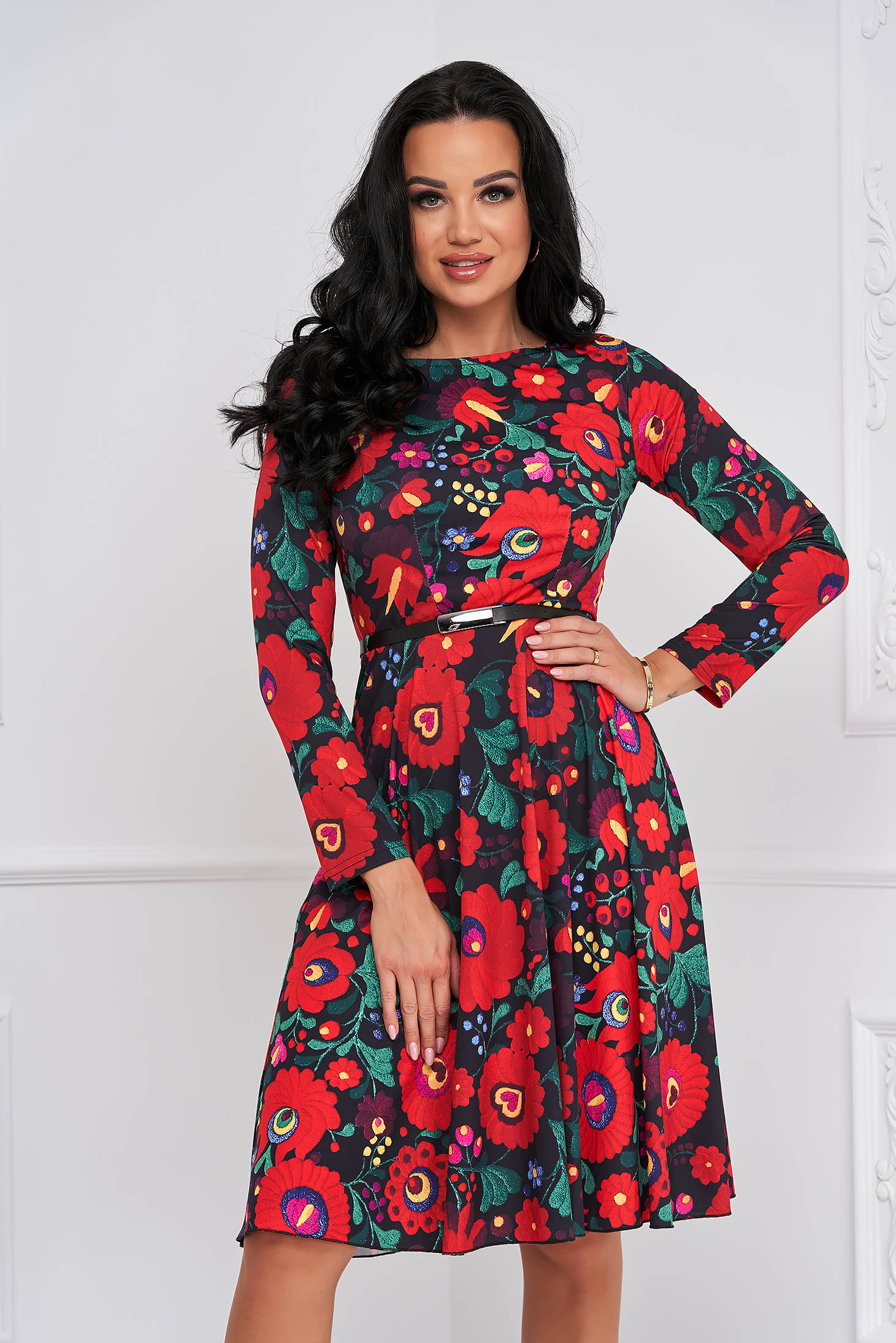 Rochie din lycra in clos cu elastic in talie cu imprimeu digital si ...