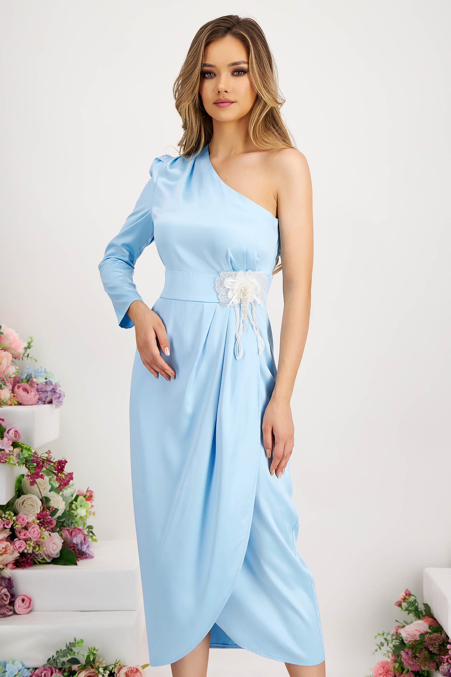 Light Blue Satin Dress with Overlap Skirt and Sequin Appliques at the ...
