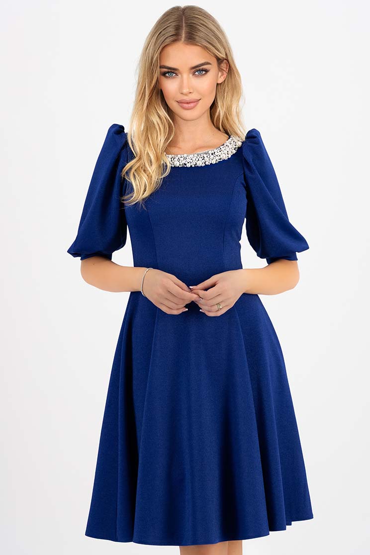 Blue Knee-Length Crepe Dress in A-Line with Pearl Appliques - StarShinerS
