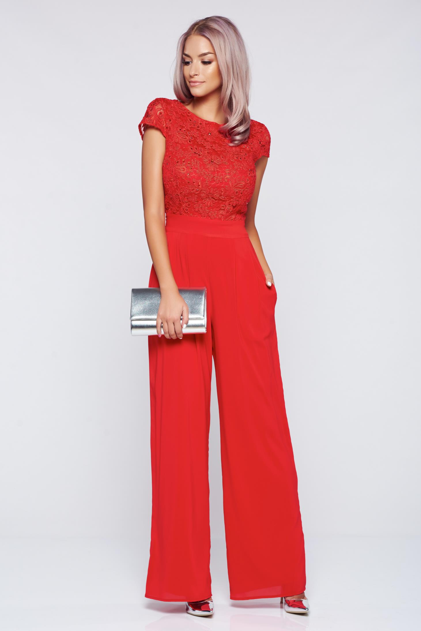 Starshiners Elegant Red Laced Jumpsuit With Short Sleeve