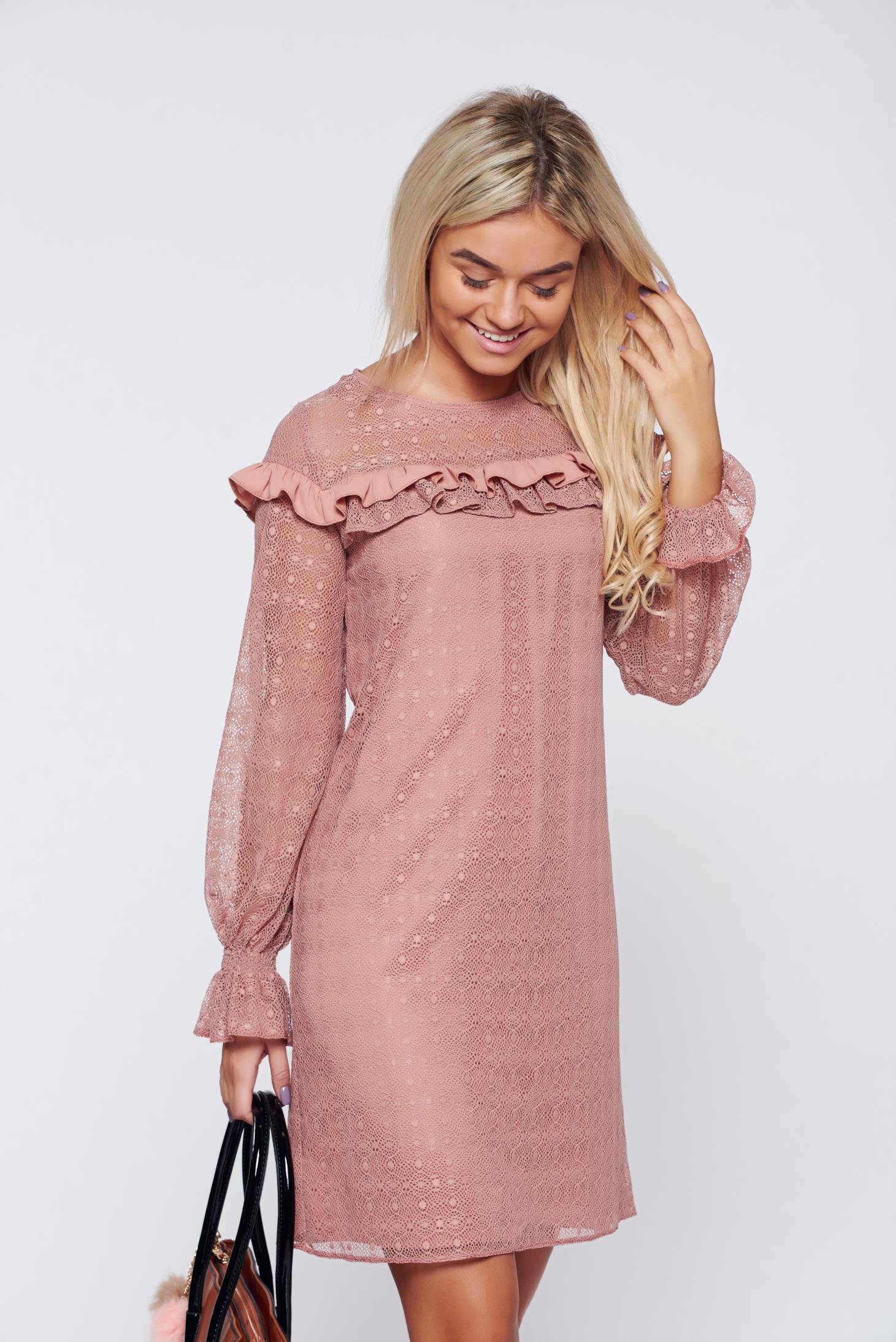 Rochie LaDonna rosa eleganta din material dantelat cu volanase