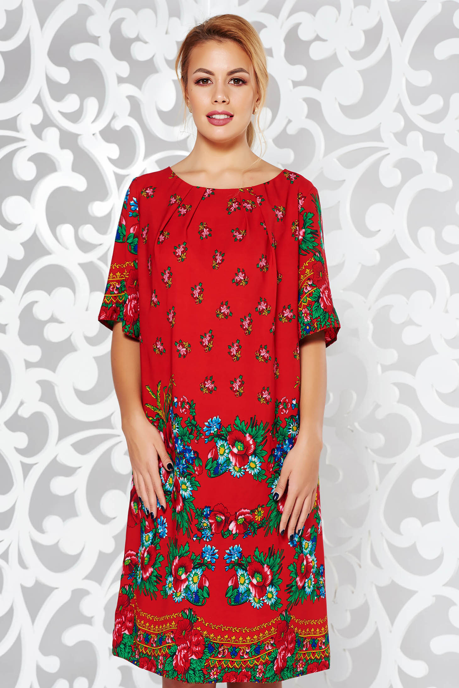 Red elegant flared dress with floral prints thin fabric
