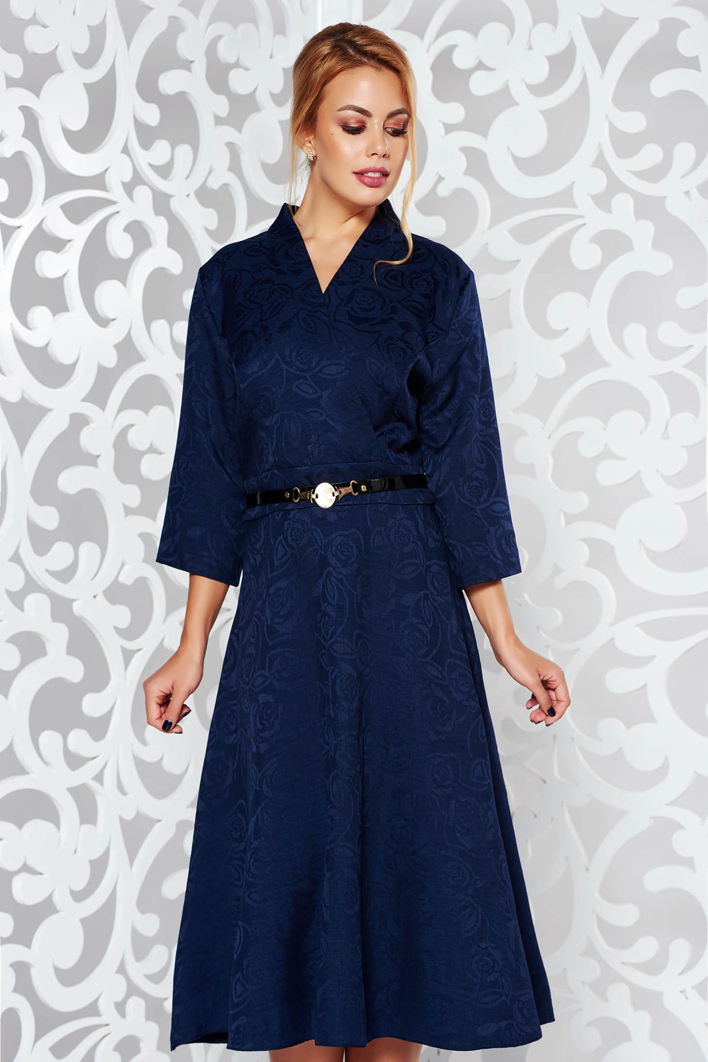 Darkblue elegant cloche dress with v-neckline from non elastic fabric ...