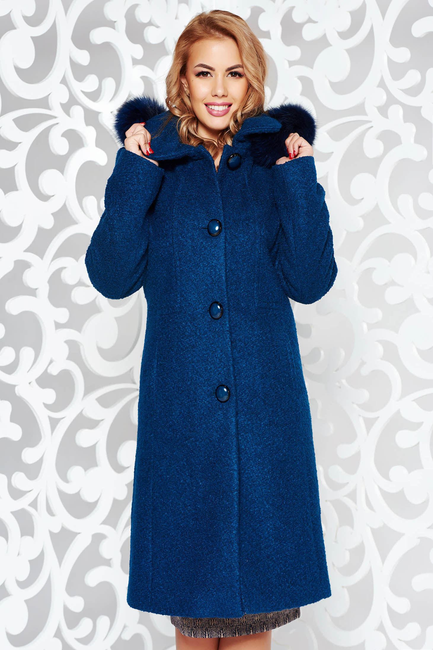 Turquoise elegant from wool coat with straight cut with inside lining ...