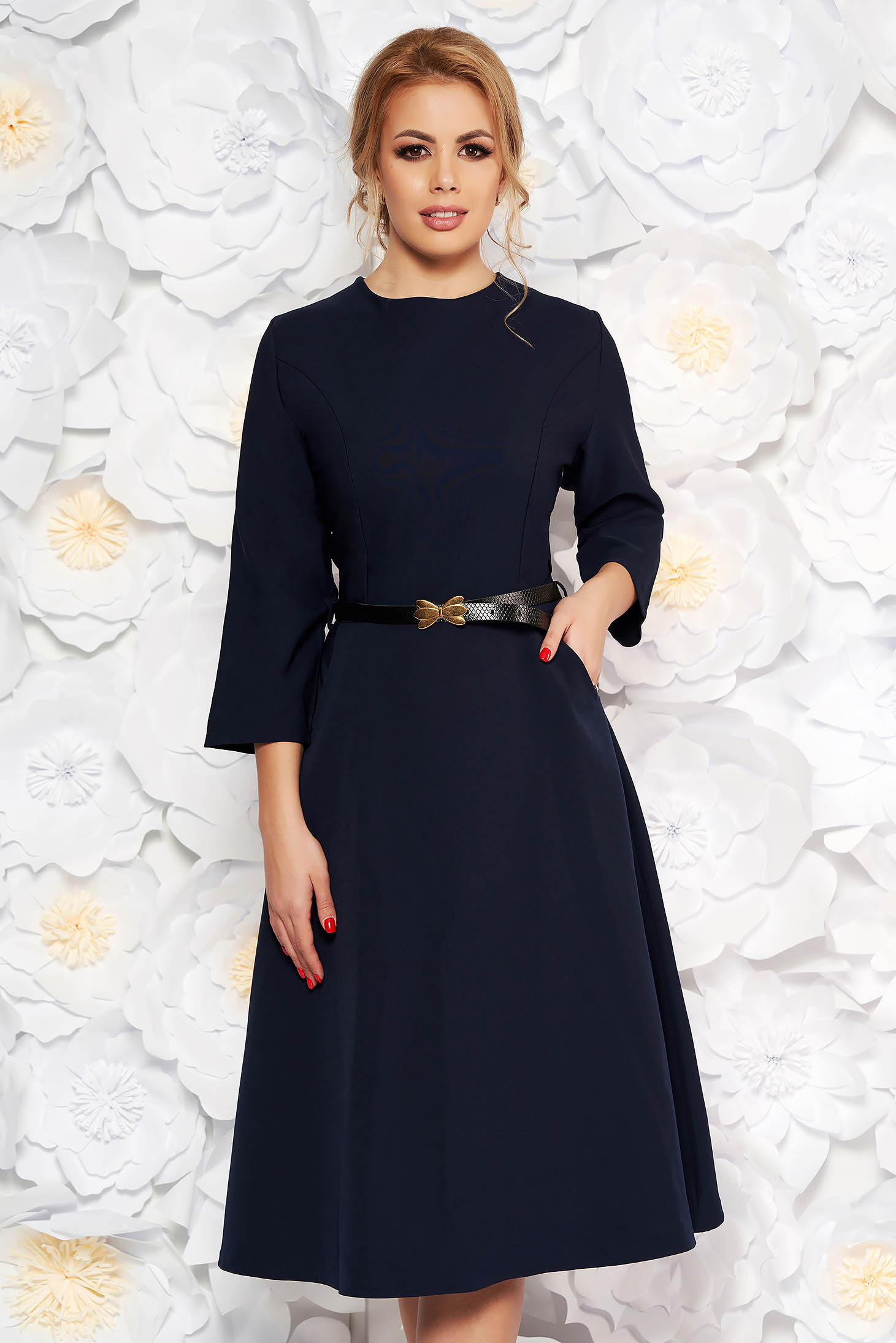 Rochie albastra-inchis office in clos din bumbac usor elastic cu ...