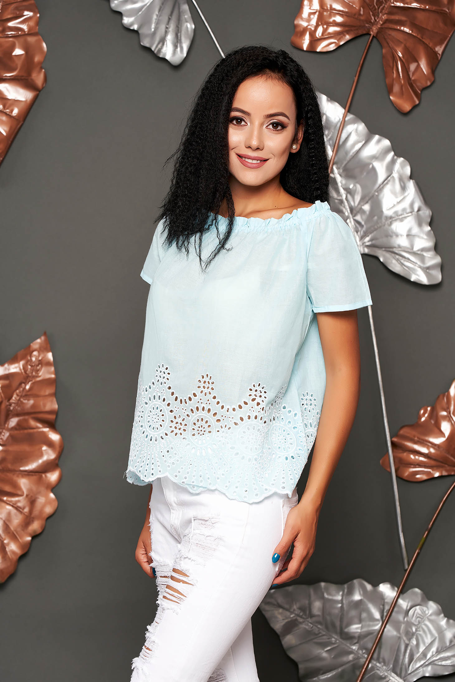 Lightblue women`s blouse casual cotton flared short sleeves on the ...