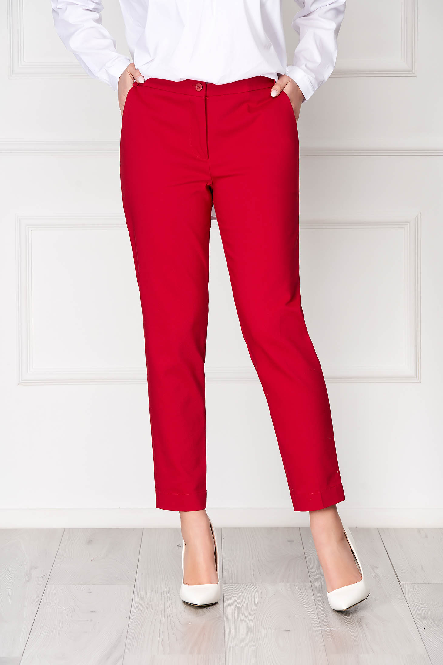 Red trousers elegant conical long medium waist cloth with pockets