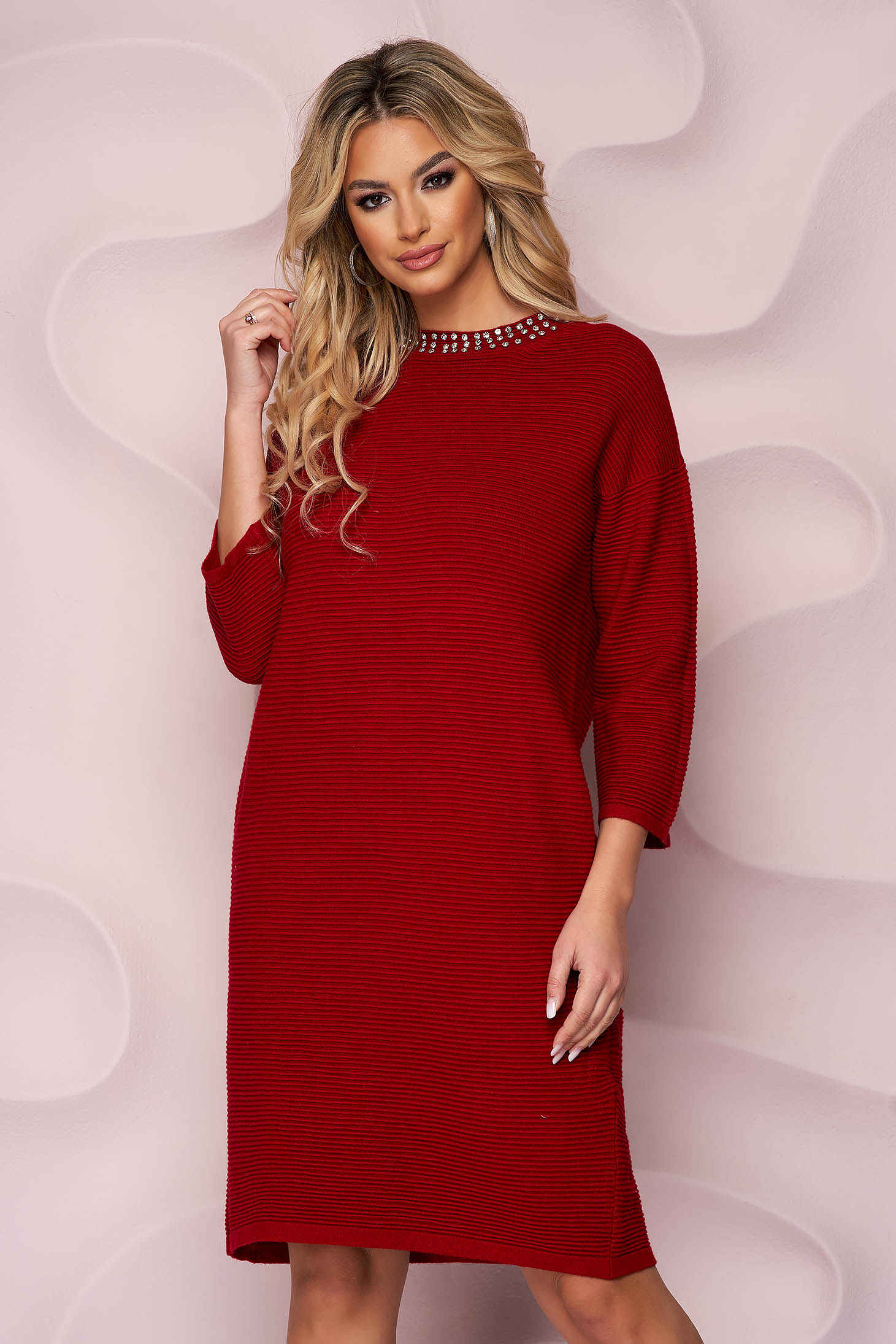 Red dress knitted strass lateral pockets